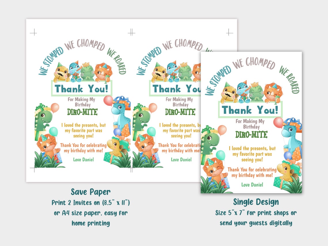 Dinosaur Thank You Card Template Editable Dino Kids Birthday - Etsy