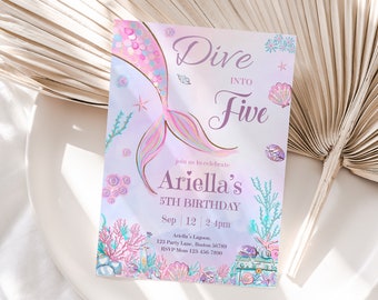 Dive Into Five Invitation, Mermaid First Birthday Party Invitation ...