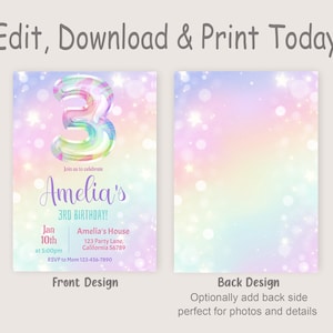 3rd Birthday Invitation Girl 3rd Birthday Party Invitation Rainbow ...