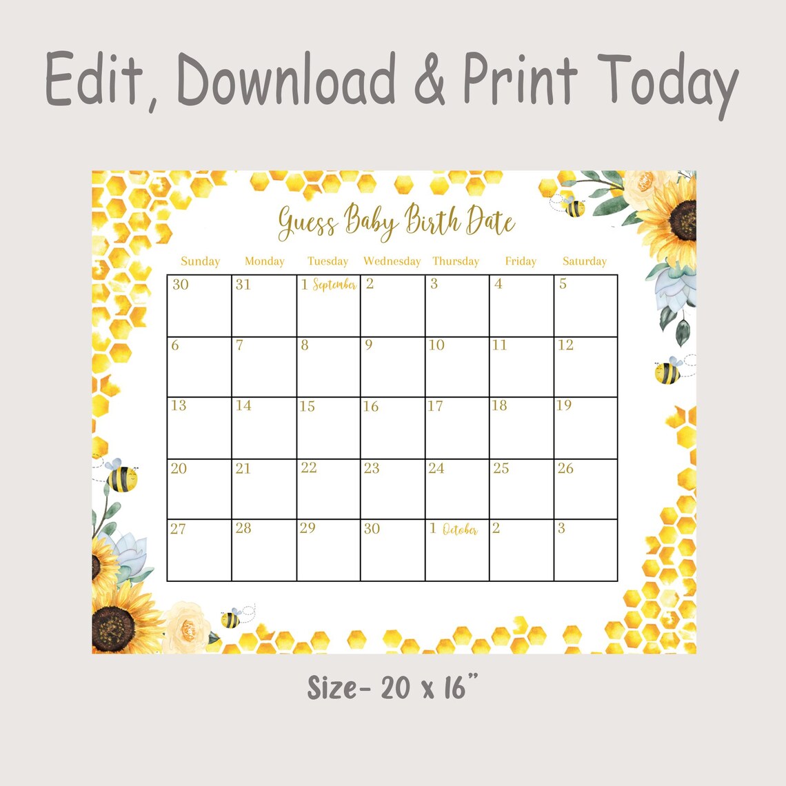 Bee Calendar Game Bee Guess Baby's Birth Date Honey Prediction Due Date ...