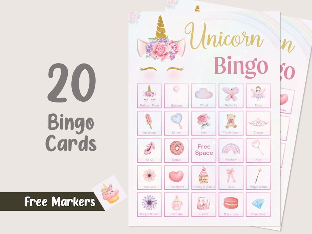 Unicorn Bingo Game 20 Cards Unicorn Party Games Unicorn Birthday Games ...