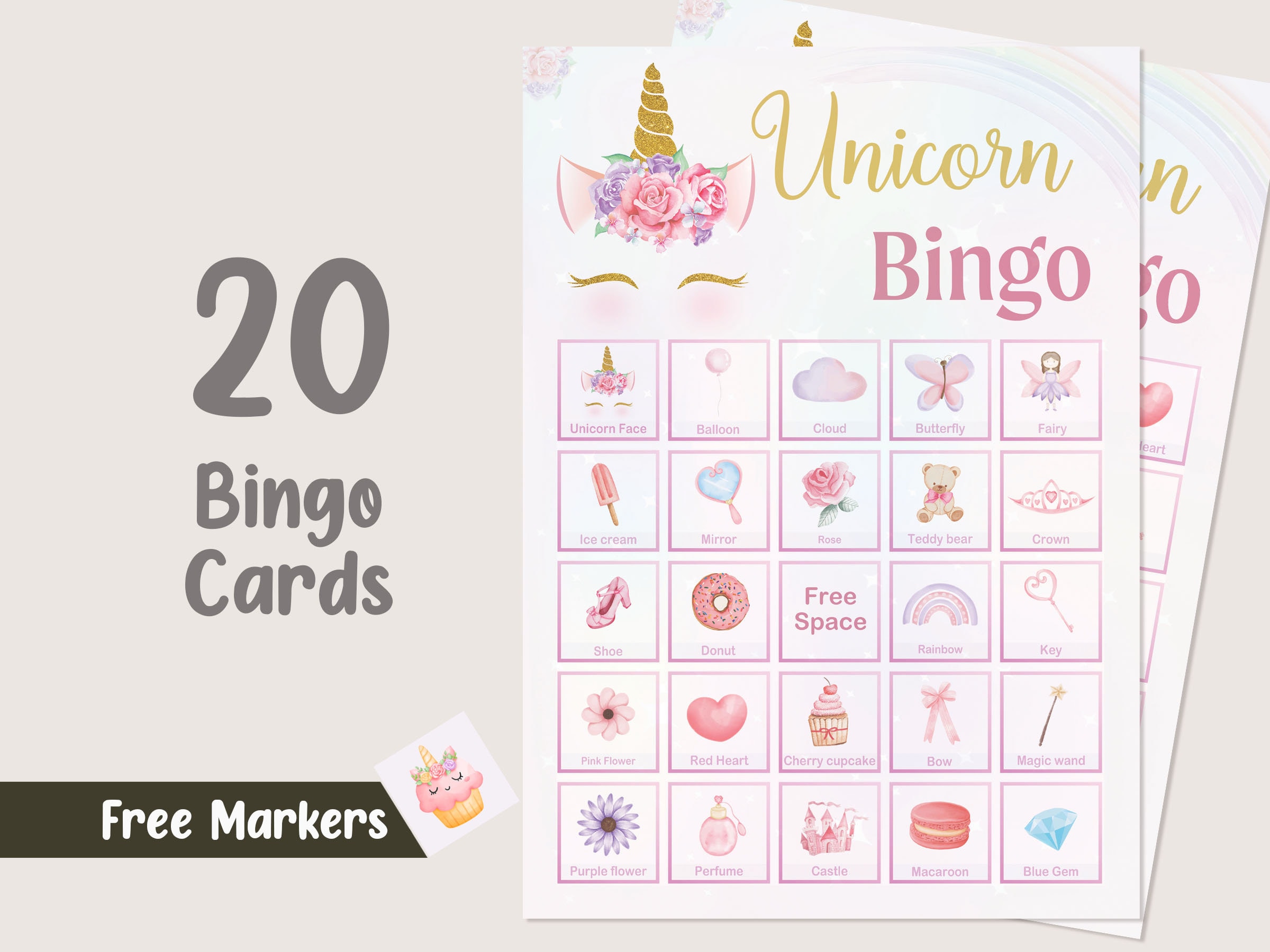 Unicorn Bingo Game 20 Cards Unicorn Party Games Unicorn Birthday Games ...