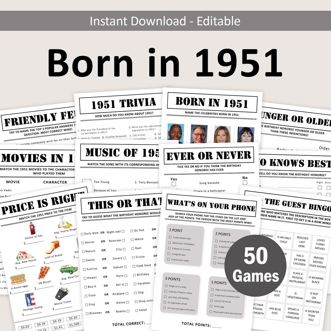 75th Birthday Games Bundle 75th Birthday Party Games 1951 Trivia Born ...