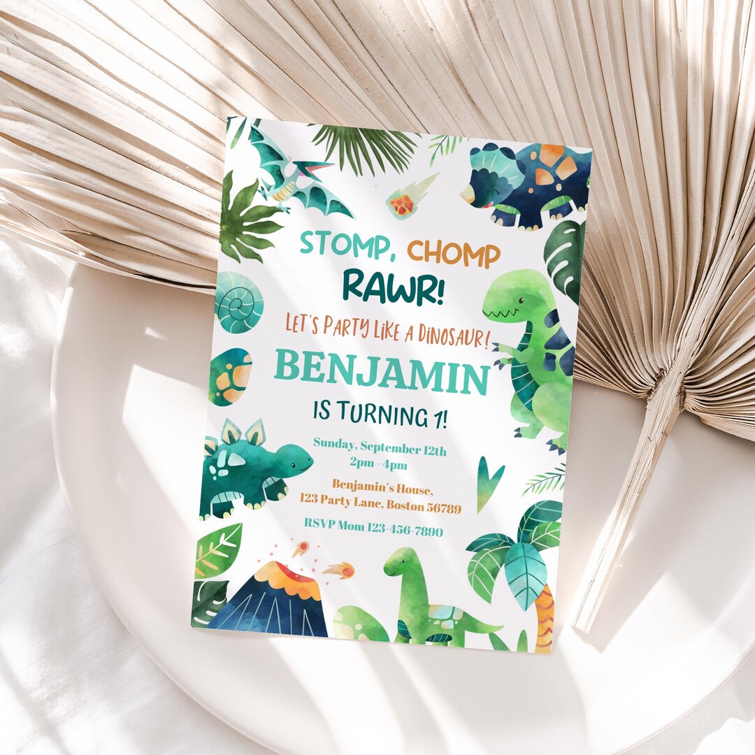 Editable Dinosaur Birthday Invitation Template Green Cute Dino Bday ...