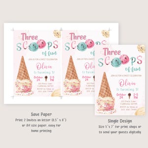 Ice Cream Birthday Invitation Three Scoops of Fun Invitation Ice Cream 3rd Birthday Party Invite ...