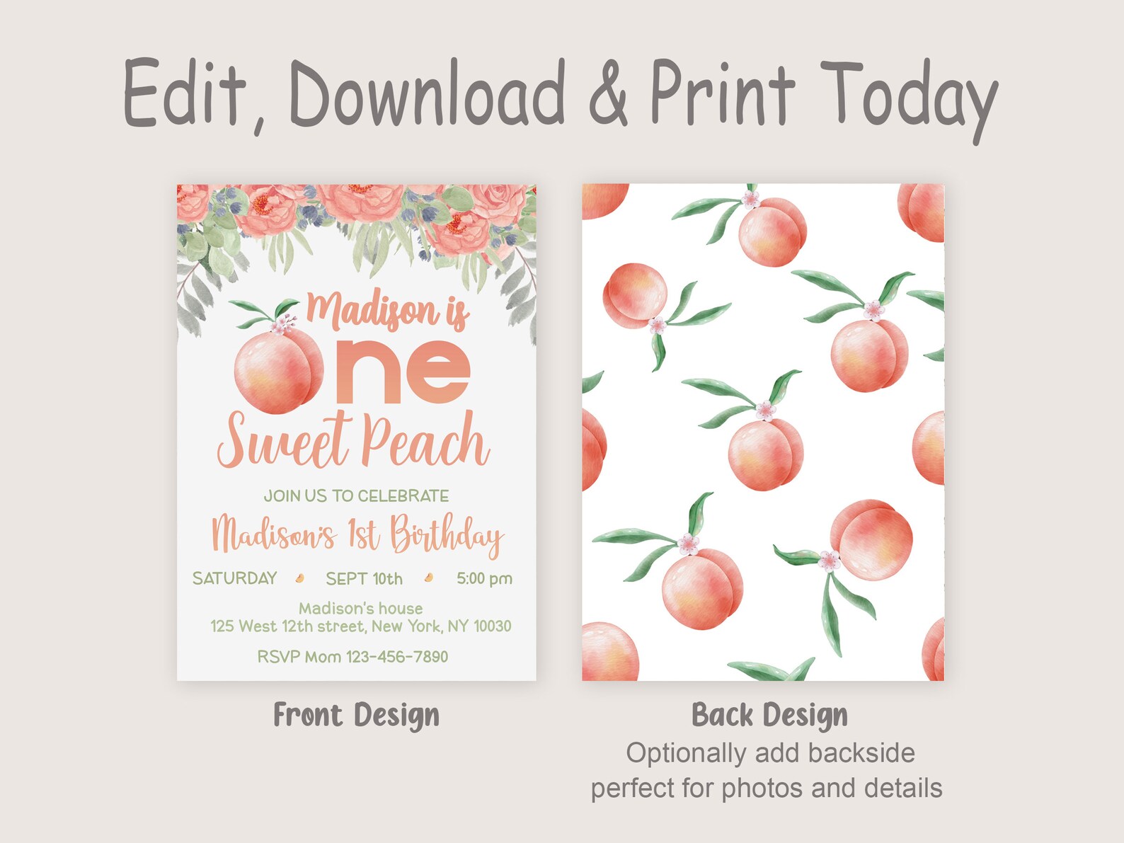 Editable Peach Birthday Invitation One Sweet Peach First - Etsy