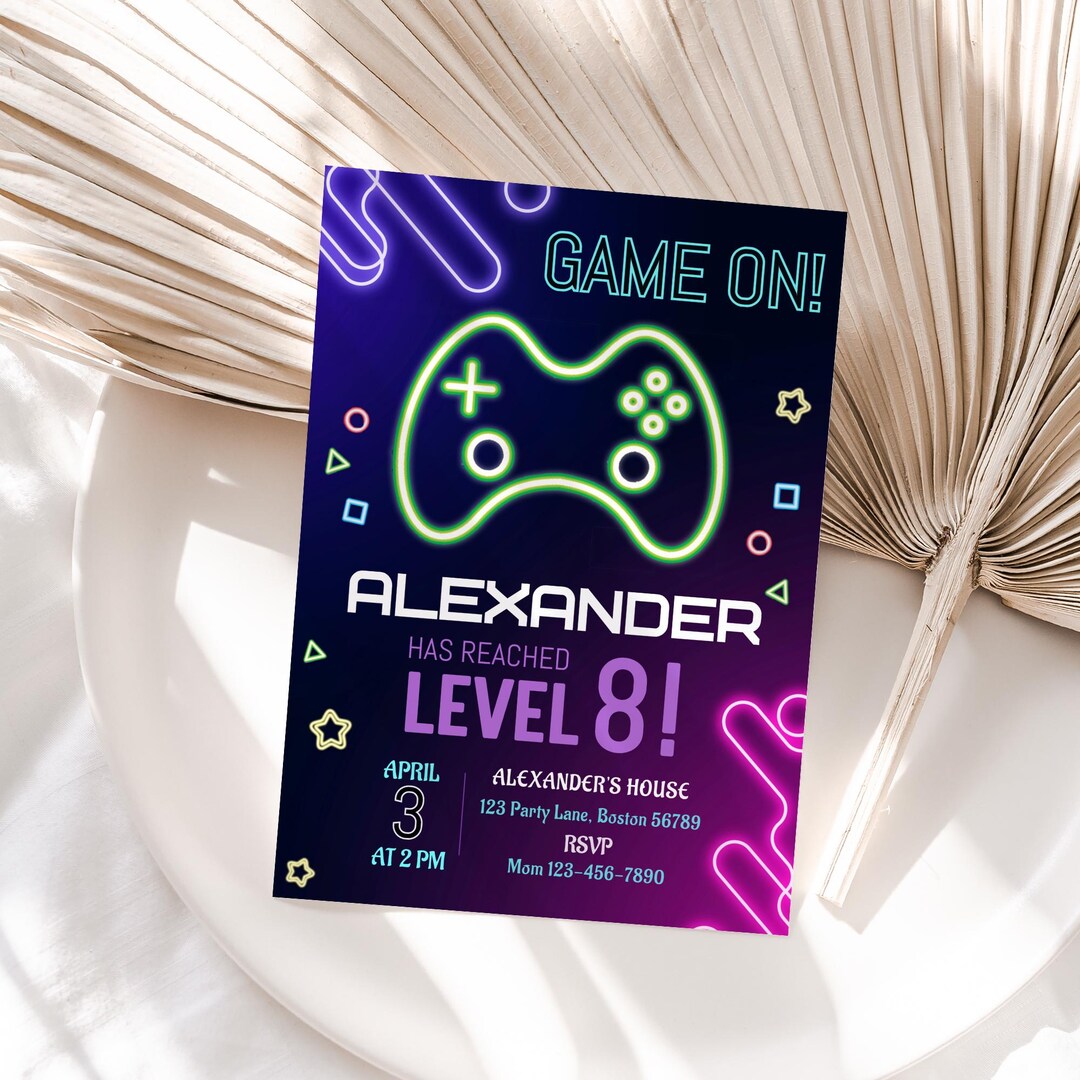 Editable Video Game Party Invitation Gamer Birthday Invite Neon Game on ...