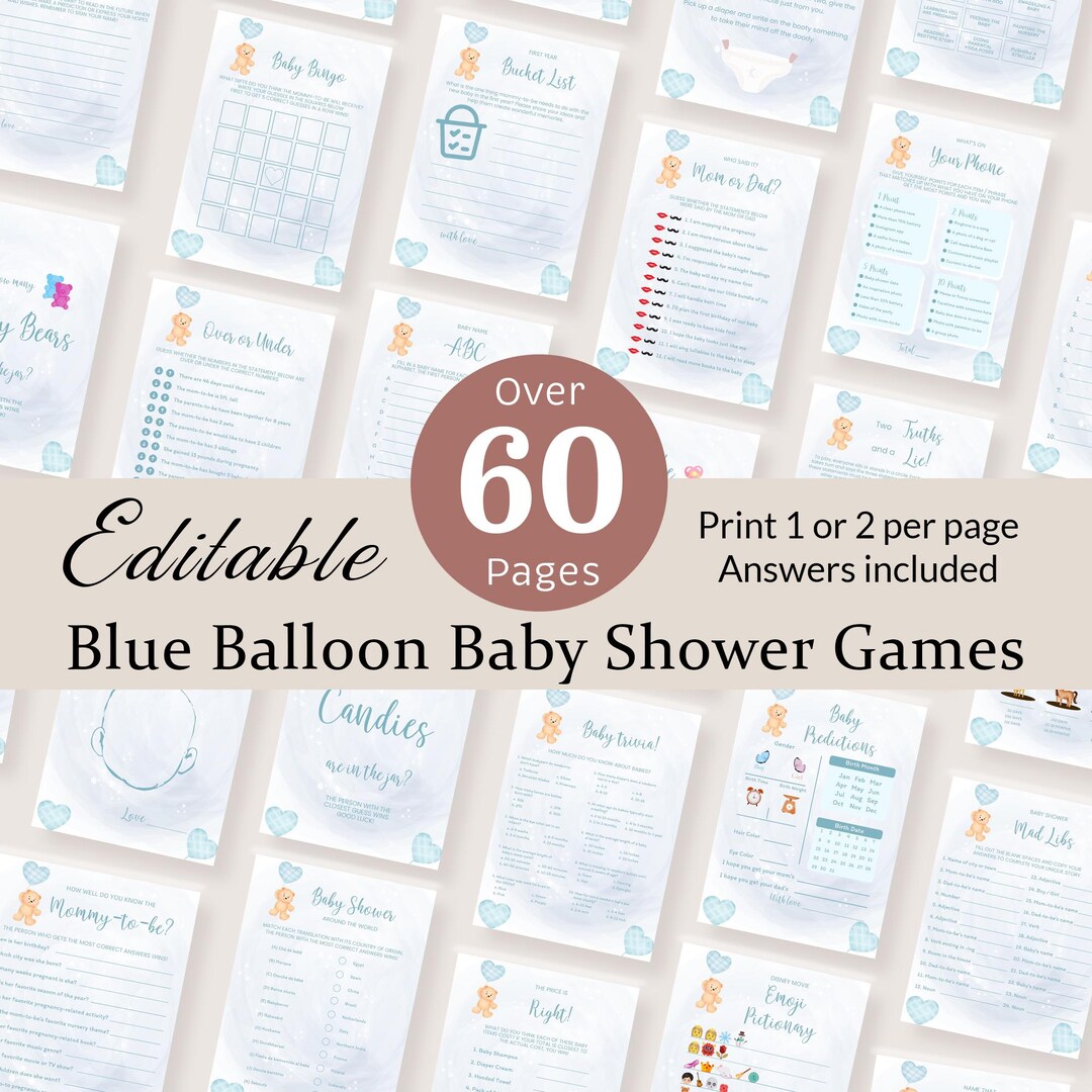 Blue Balloon Baby Shower Games Bundle Watercolor Balloon Party Activity ...