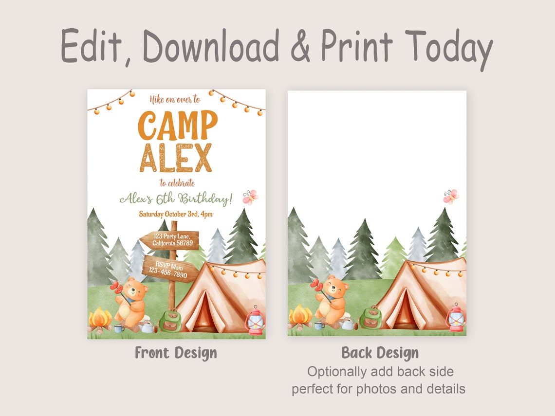 Camping Birthday Invitation Template Camping Party Invitation - Etsy