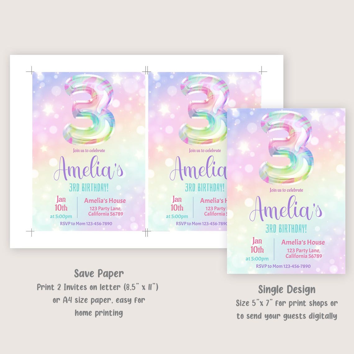 3rd Birthday Invitation Girl 3rd Birthday Party Invitation Rainbow ...