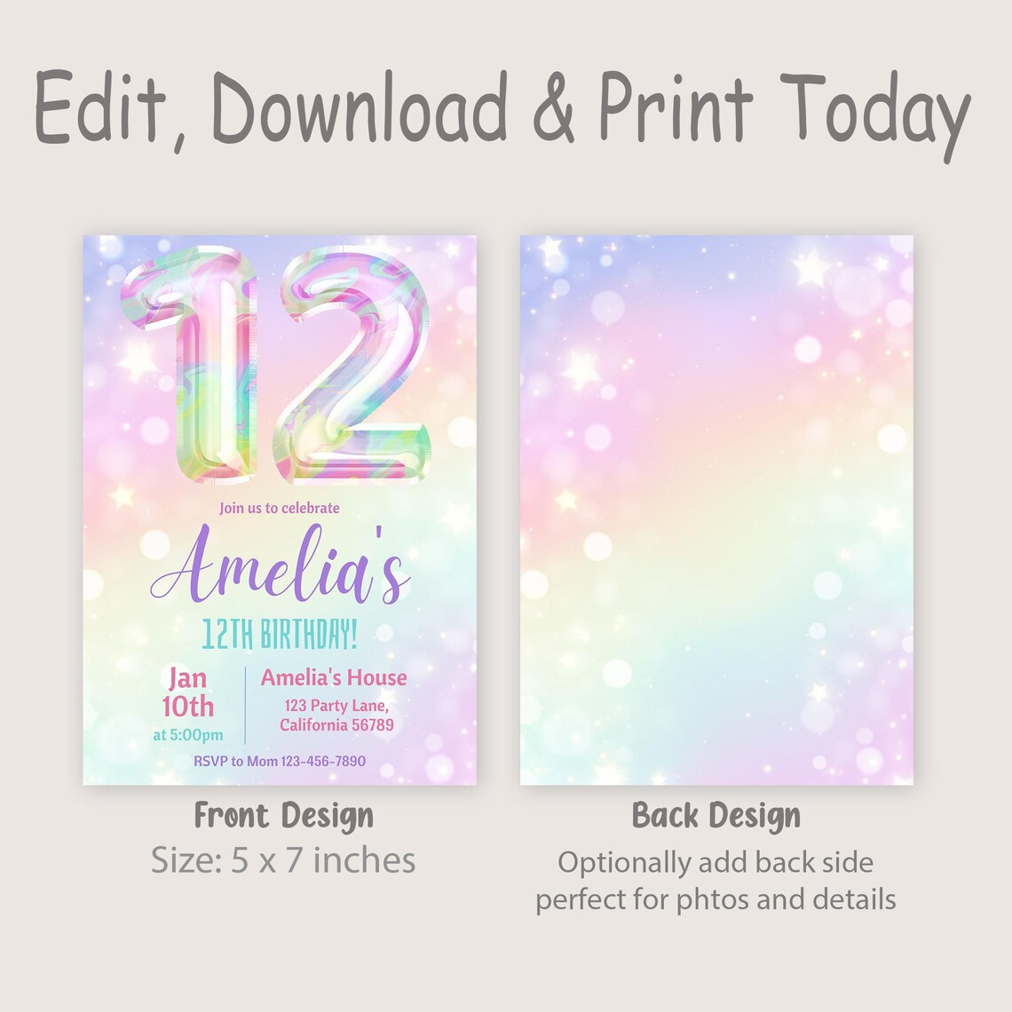12th Birthday Invitation Girl 12th Birthday Party Invitation Rainbow ...