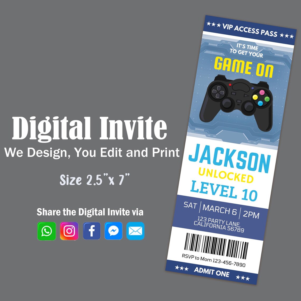 Video Game Birthday Ticket Invitation Gamer Invitation Gaming Birthday ...
