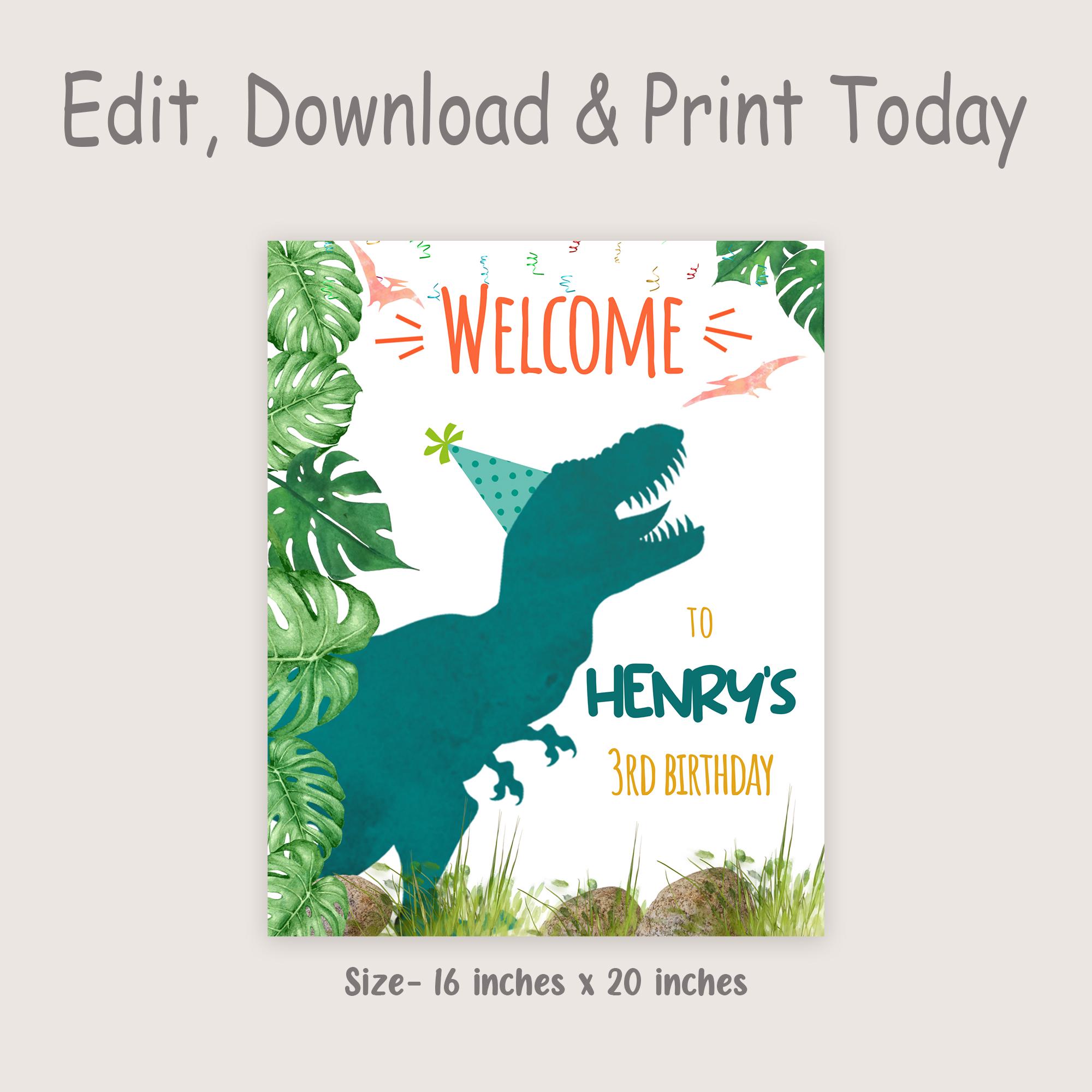 Editable Dinosaur Welcome Sign T-rex Welcome Sign Printable Green Wild ...