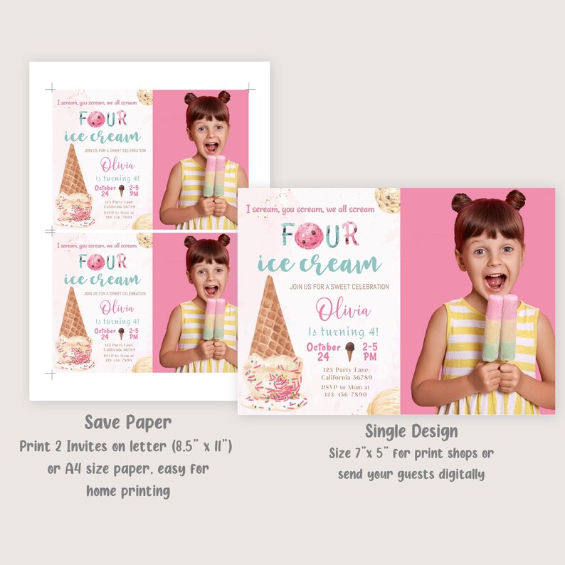 Ice Cream 4th Birthday Invitation Photo I Scream We All Scream Four Ice ...