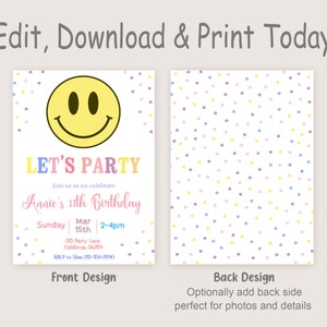 Girl Birthday Invitation Smiley Face Invitation Girl Birthday Party ...