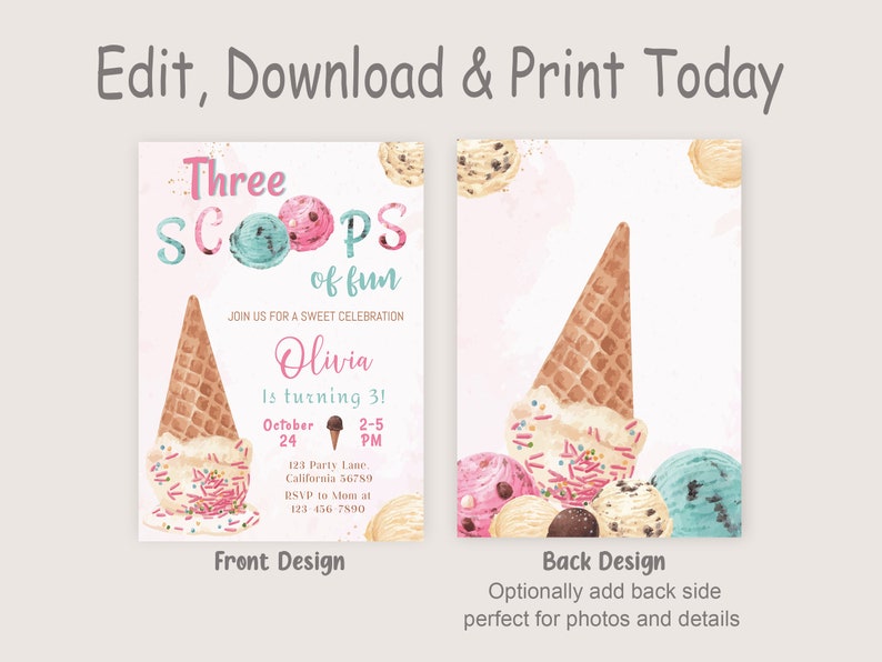 Ice Cream Birthday Invitation Three Scoops of Fun Invitation - Etsy