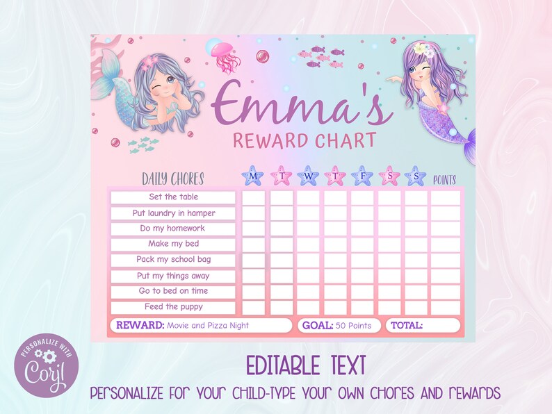 Editable Mermaid Reward Chart Printable Mermaid Chore Chart | Etsy