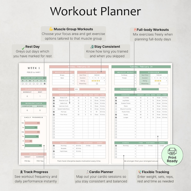 Workout Planner Spreadsheet Exercise Tracker Template Fitness Planner ...