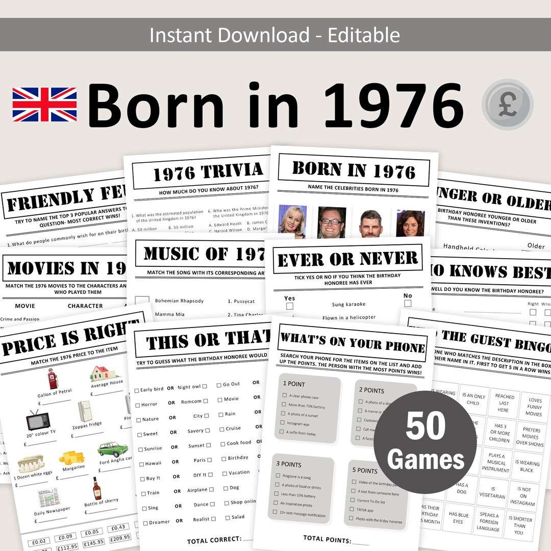 50th Birthday Games UK Bundle British 50th Birthday Party Game 1976 ...