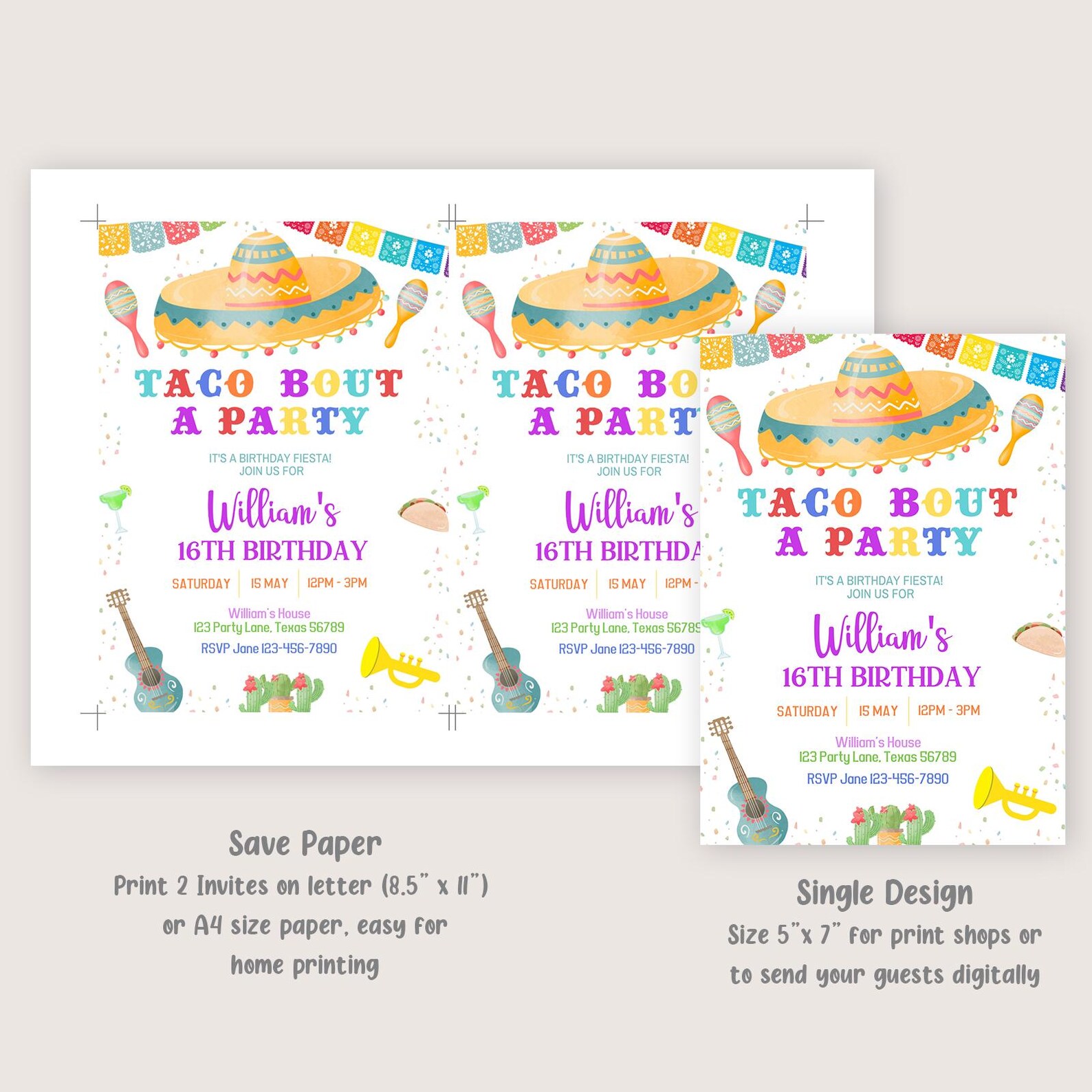 Editable Taco 'bout a Party Invitation Fiesta Birthday Invite Mexican ...