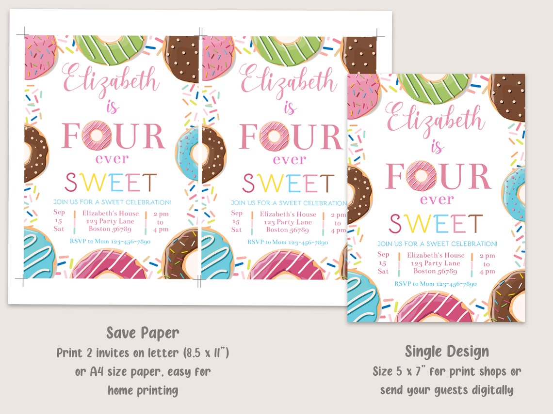 Four Ever Sweet Invitation Donut Fourth Birthday Invite 4th - Etsy