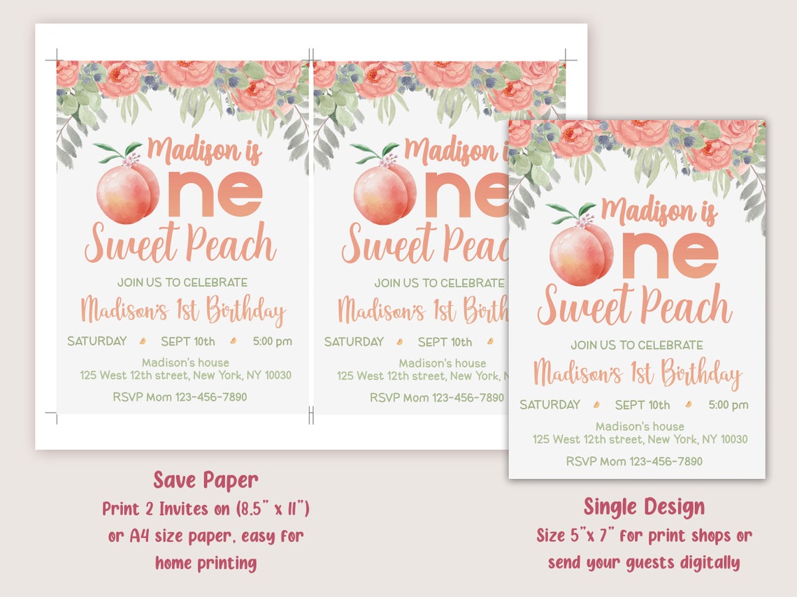 Editable Peach Birthday Invitation One Sweet Peach First - Etsy