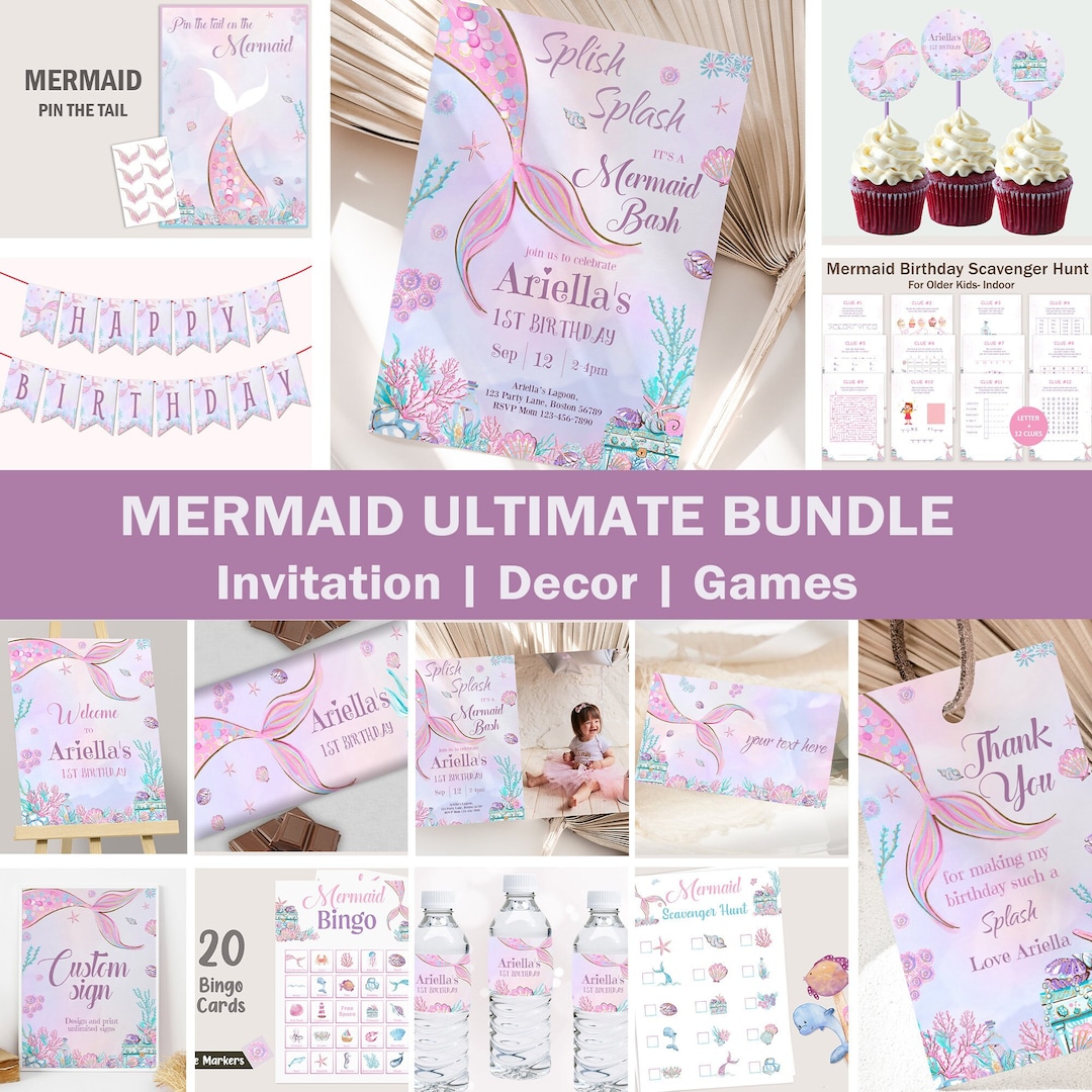 Mermaid Birthday Invitation Bundle Under the Sea Decorations Splish ...