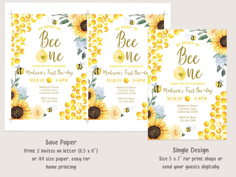 Bee First Birthday Invite First Bee Day Invitation Honey Bee - Etsy