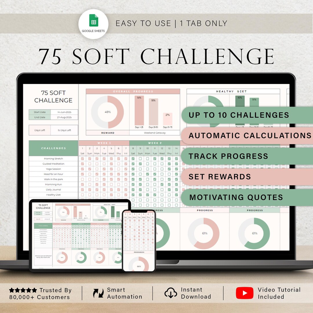 75 Soft Challenge Spreadsheet 75 Day Workout Planner Fitness Tracker ...