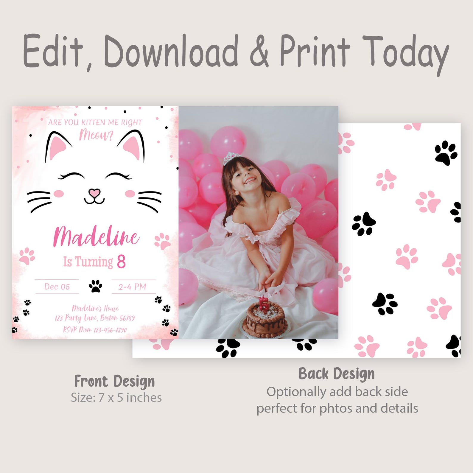 Cat Birthday Invitation With Photo Cat Party Invitation With Picture ...
