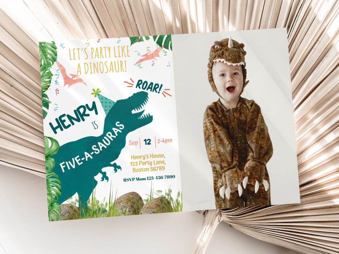 Dinosaur 5th Birthday Invitation With Photo Fiveasaurus Invitation With ...