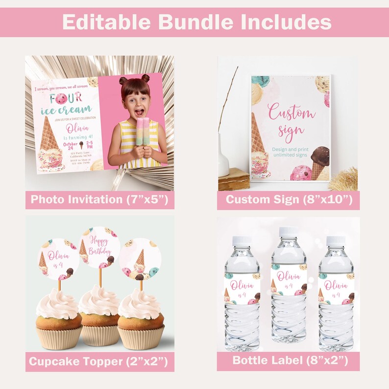 Ice Cream 4th Birthday Invitation Bundle I Scream We All Scream Four ...