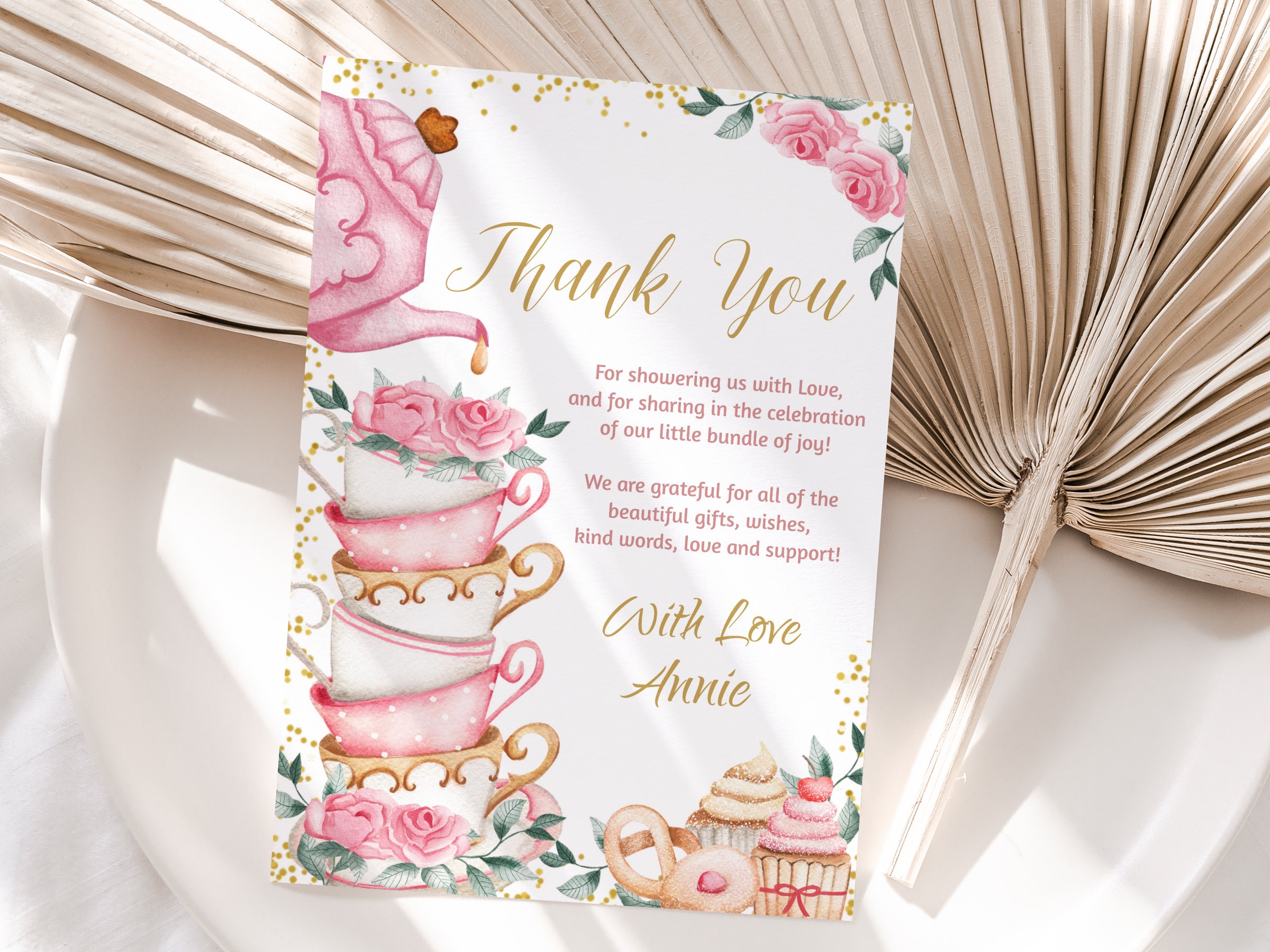 Tea Party Baby Shower Thank You Card Floral Pink Gold Tea - Etsy