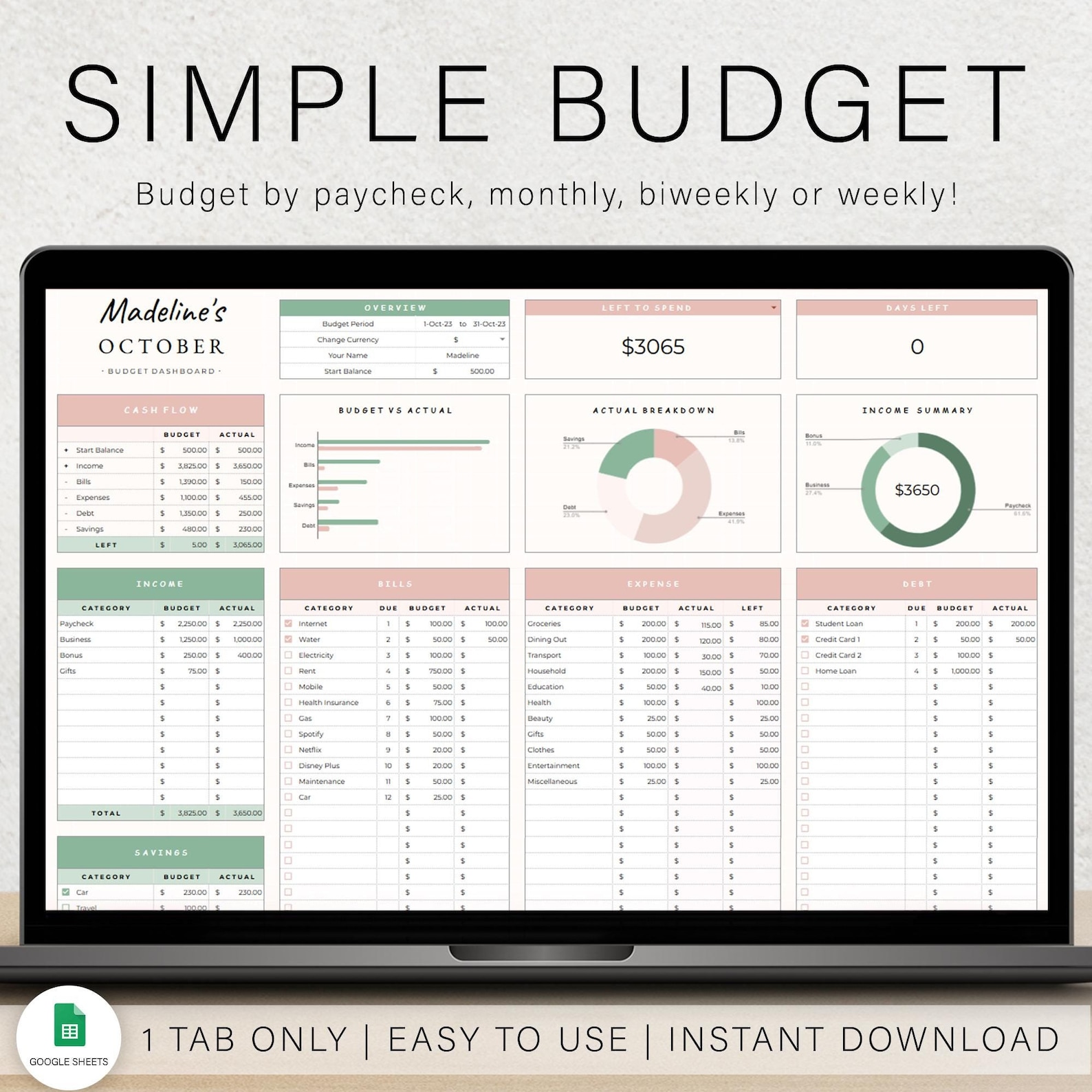 Budget Spreadsheet Budget Planner Budget Template Monthly Budget Tracker Simple Budget Google ...
