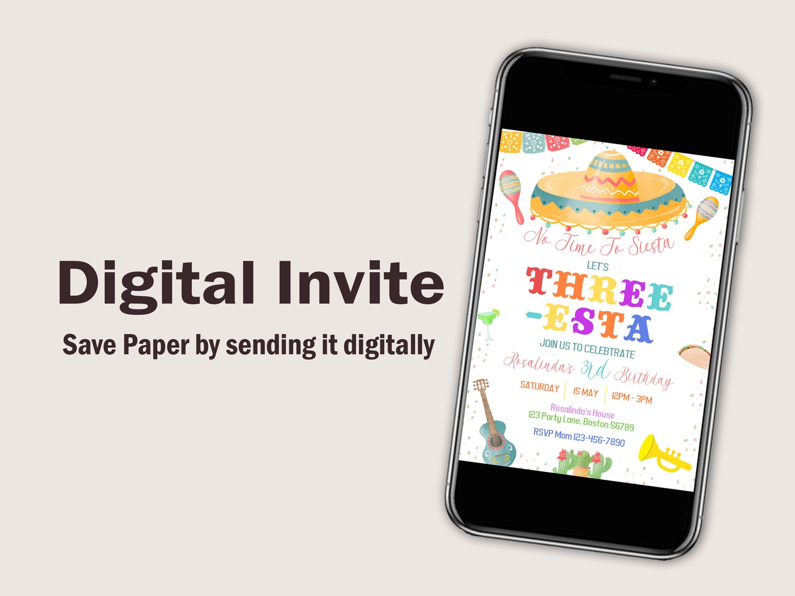 Three-esta Invitation Fiesta 3rd Birthday Invitation Three - Etsy