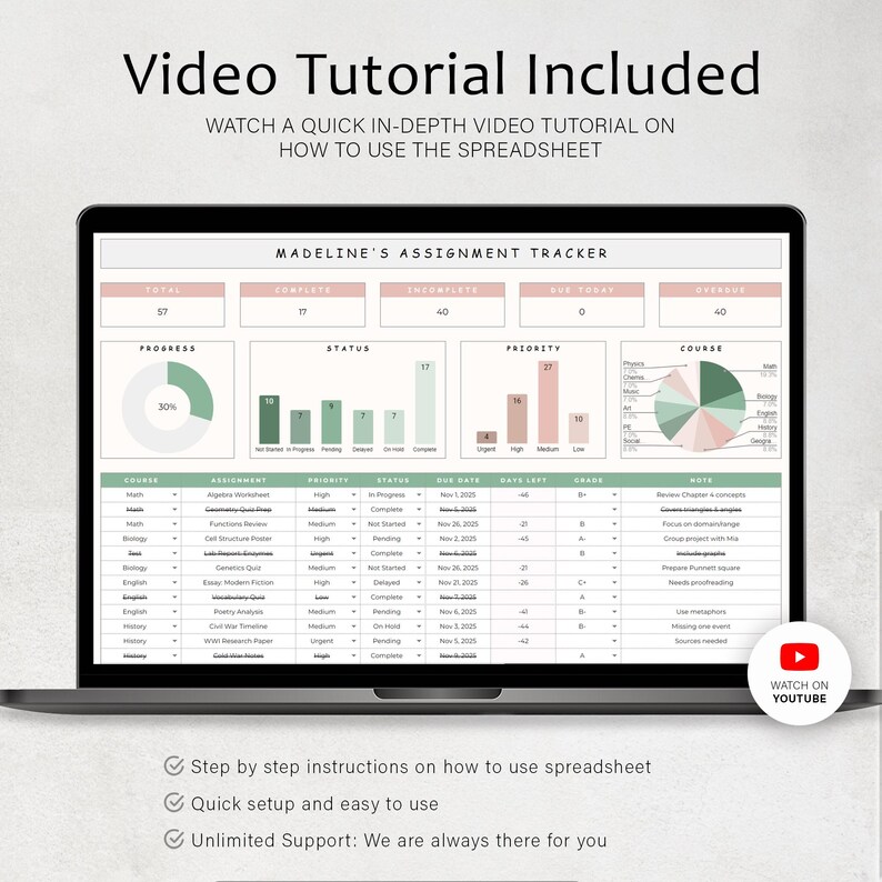 Assignment Tracker Spreadsheet Student Planner Template Academic Study ...