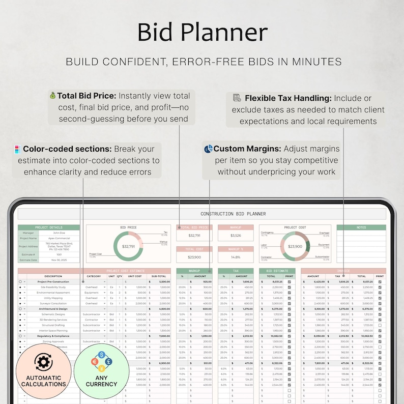 Construction Bid Planner Estimate Template Bidding Template Building ...