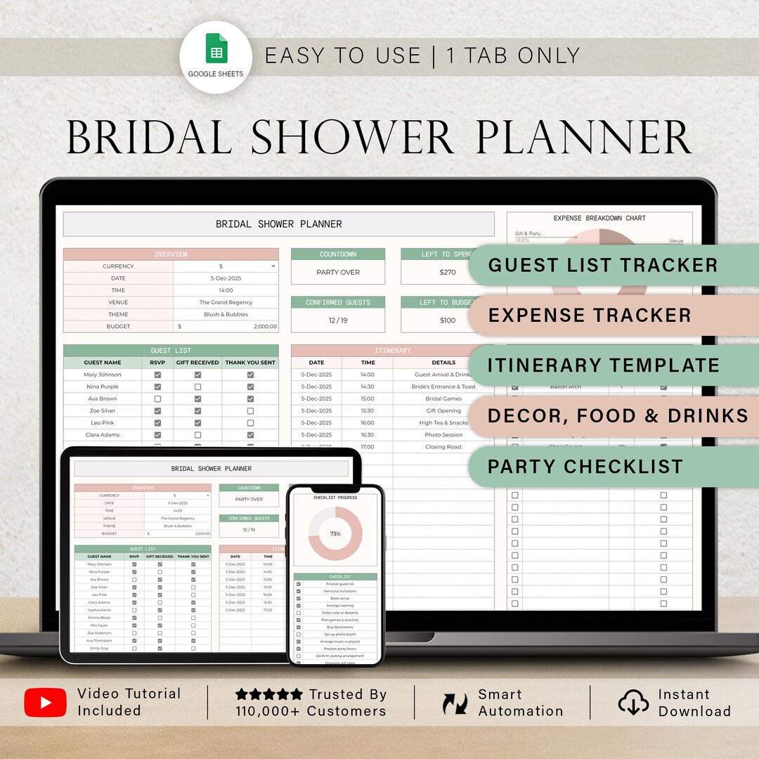 Bridal Shower Planner Spreadsheet Maid of Honor Planning Template MOH ...
