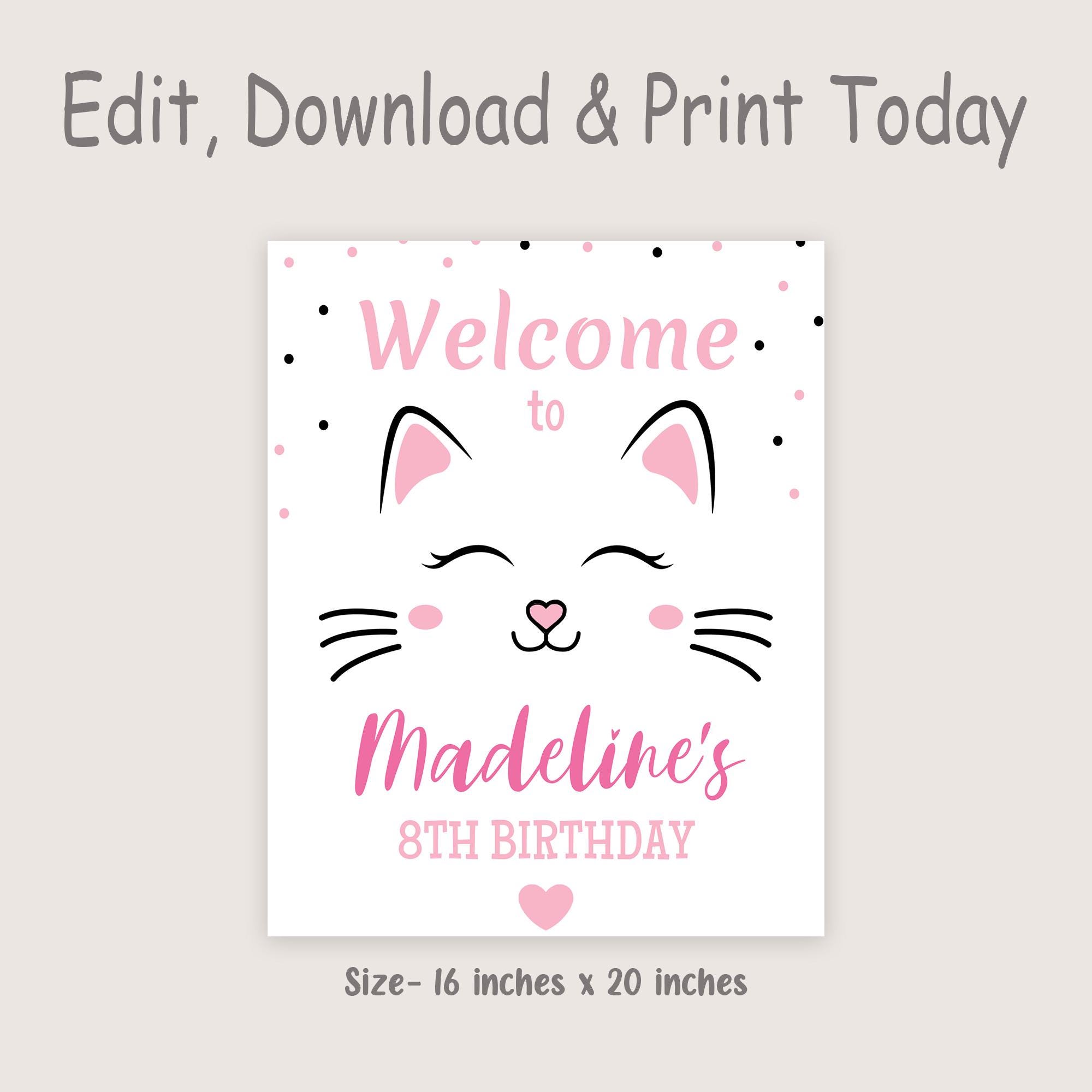 Cat Birthday Welcome Sign Kitten Party Welcome Sign Kitty Cat Welcome ...