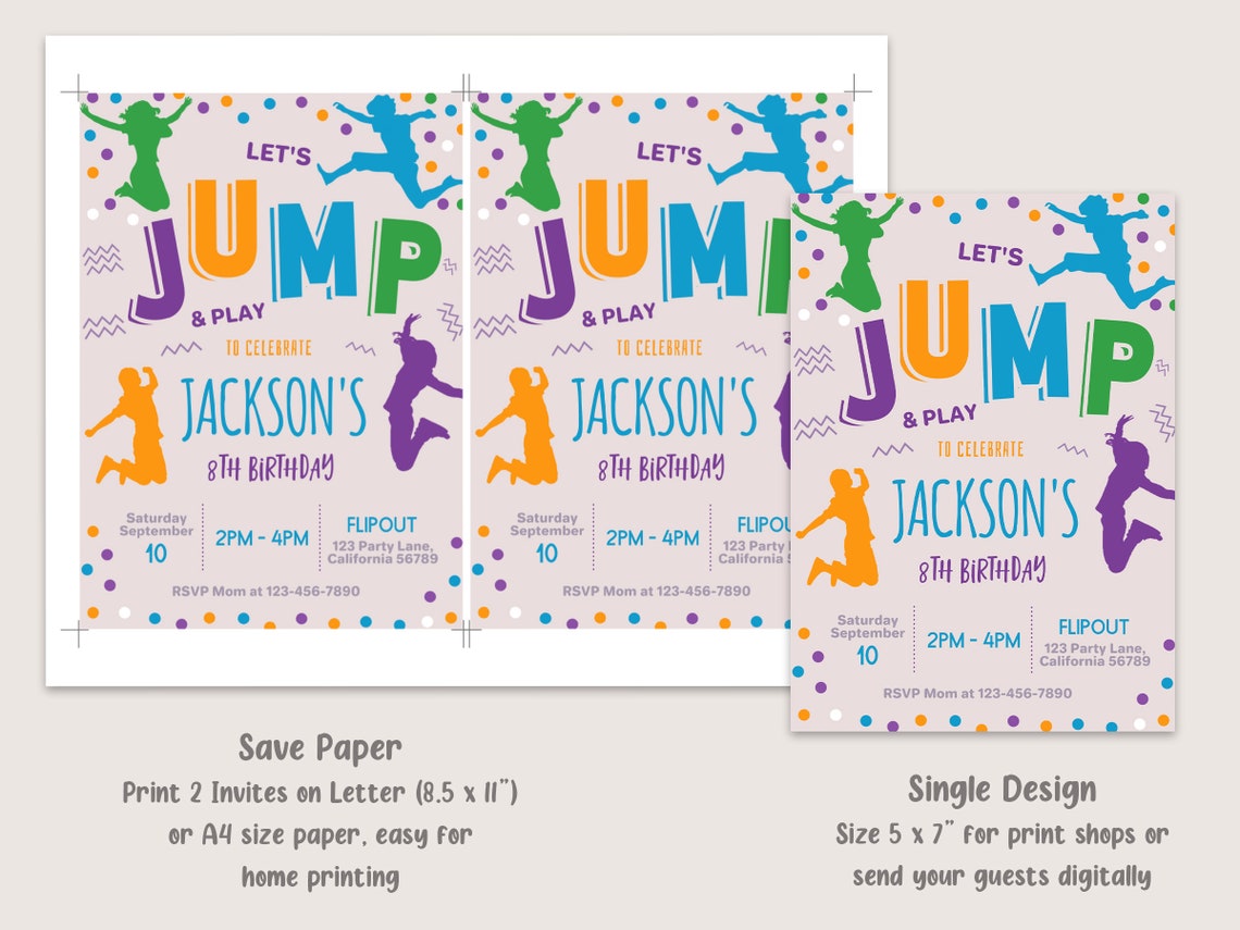 Jump Birthday Party Invitation Trampoline Party Invite Jumping - Etsy