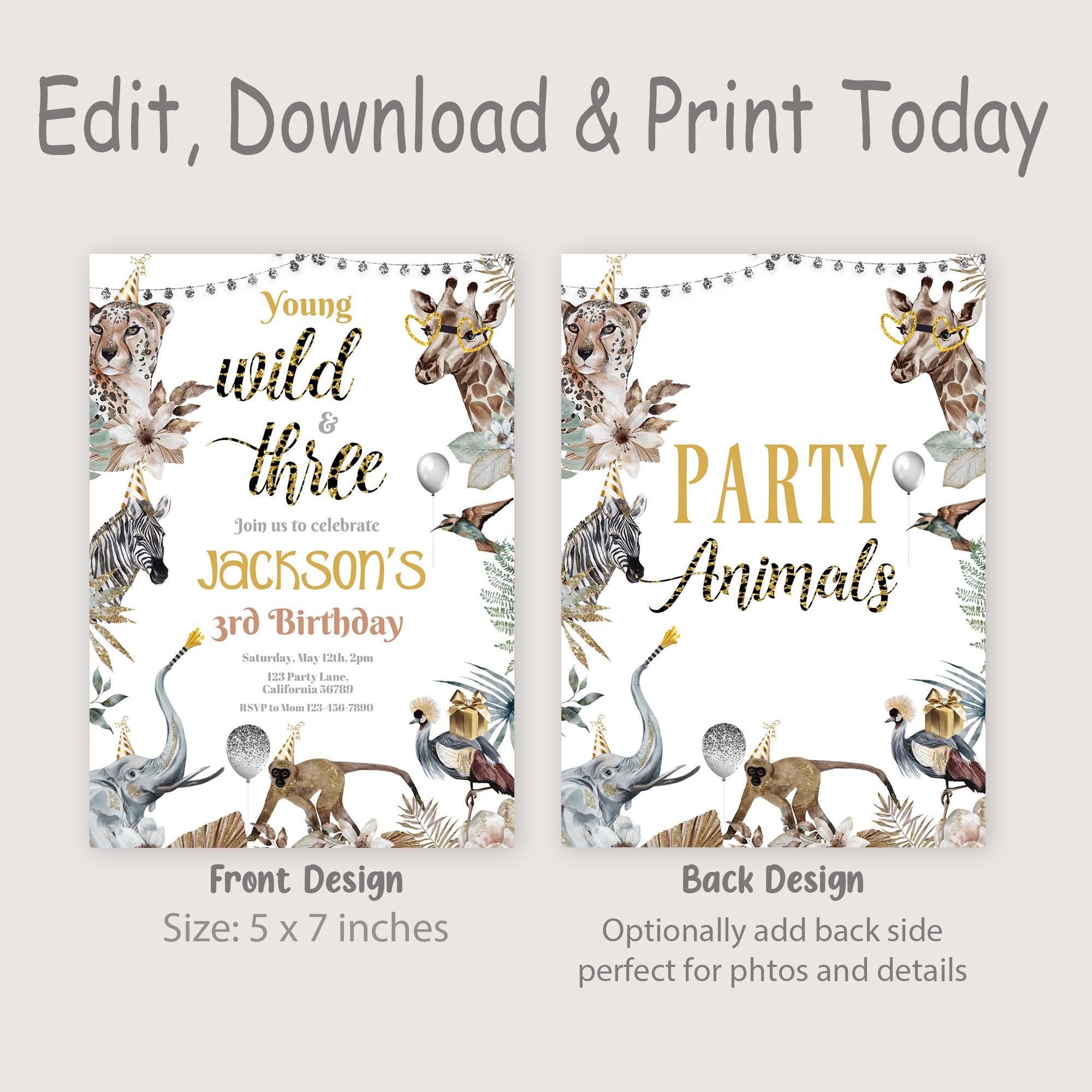 Young Wild and Three Invitation Party Animals Invitation Safari Animals ...