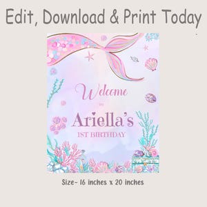Editable Mermaid Welcome Sign Template Under the Sea Girls Birthday ...