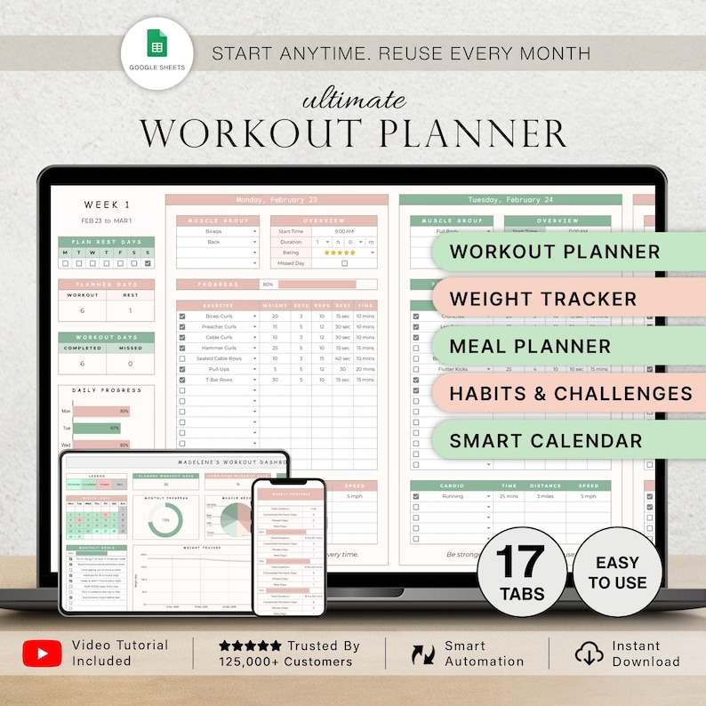 Workout Planner Spreadsheet Exercise Tracker Template Fitness Planner ...