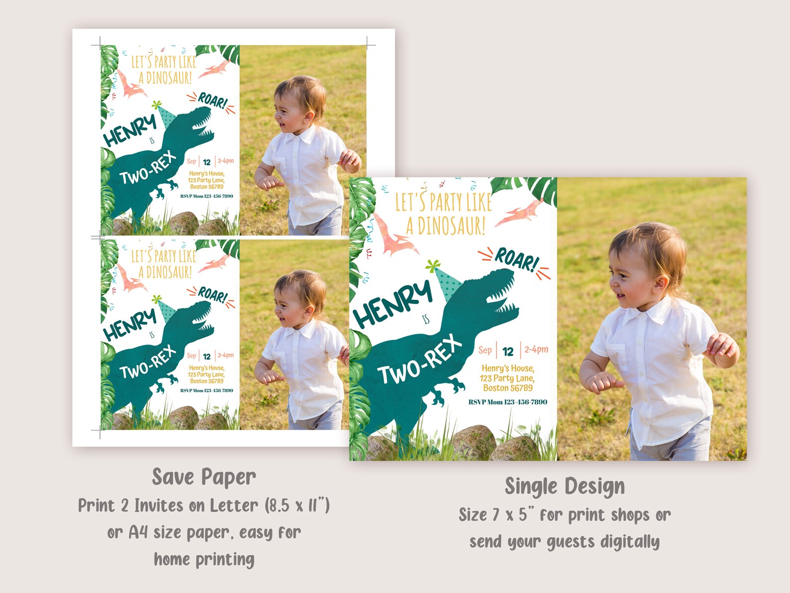 Two Rex Invitation With Photo Dinosaur 2nd Birthday Invitation - Etsy