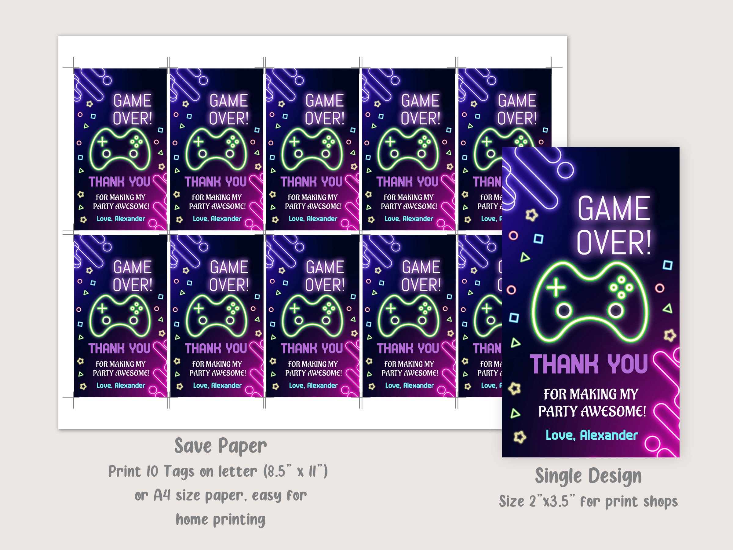Video Game Favor Tag Game Over Tag Gamer Birthday Tag Neon - Etsy Australia