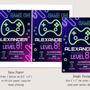 Editable Video Game Party Invitation Gamer Birthday Invite Neon Game on ...