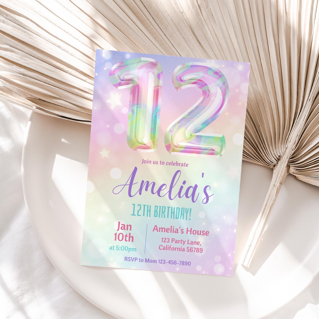 12th Birthday Invitation Girl 12th Birthday Party Invitation Rainbow ...