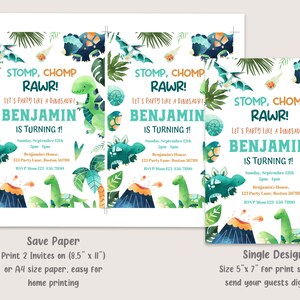 Editable Dinosaur Birthday Invitation Template Green Cute Dino Bday ...