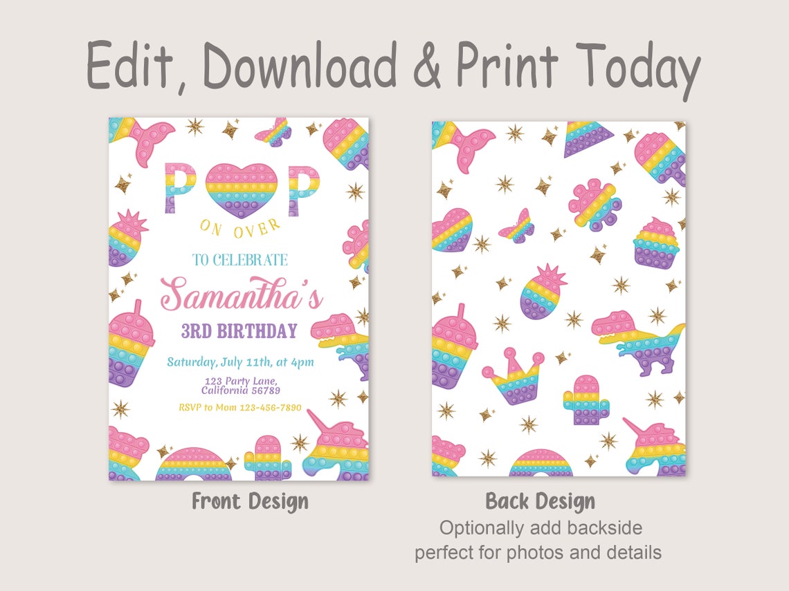 Pop It Birthday Invitation Pop It Fidget Toy Invite Pop on - Etsy