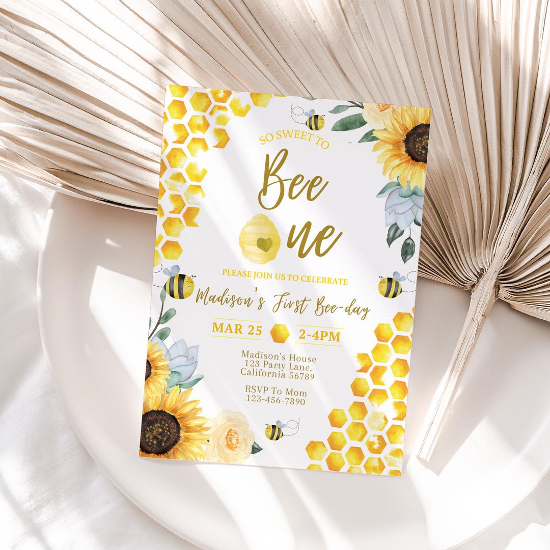 Bee First Birthday Invite First Bee Day Invitation Honey Bee 1st ...